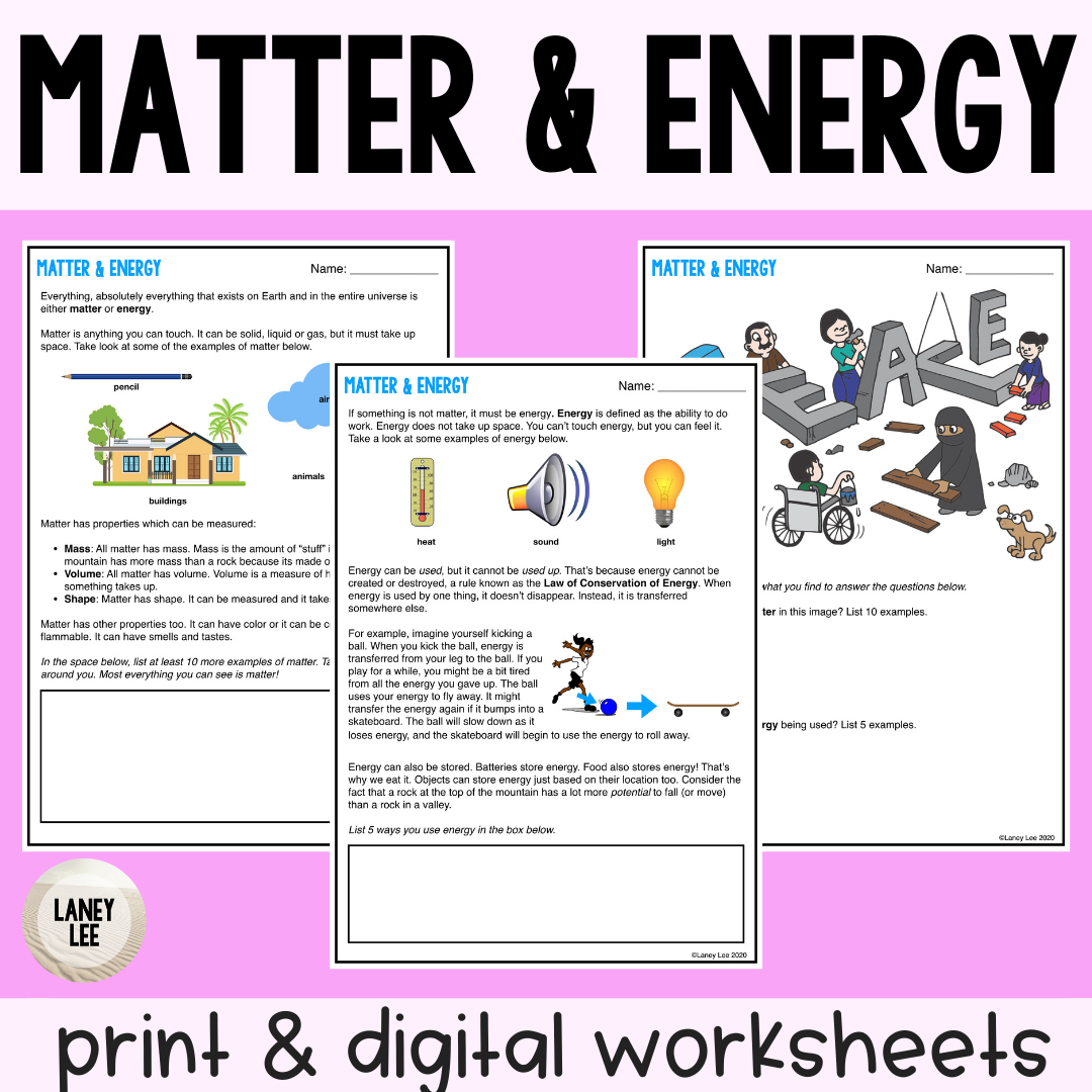 Matter Energy Reading Comprehension Worksheets Laney Lee