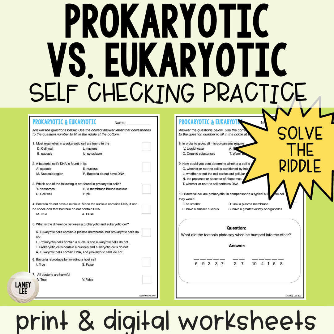 Prokaryotic Vs Eukaryotic Self Checking Practice Worksheet Laney Lee